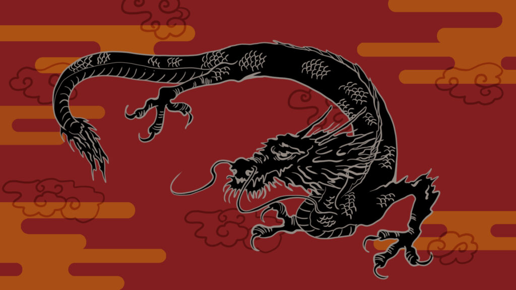 赤い和風背景に黒い龍 フリー素材サイトギャラリーハウス